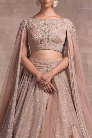 Buy Tarun Tahiliani Pink Foil Crinkle And Net Draped Blouse And Lehenga ...