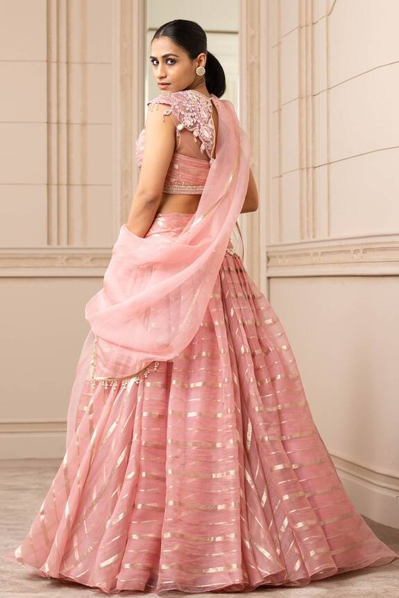 Buy Tarun Tahiliani Pink Silk Organza Brocade Stripes Cascade Draped ...