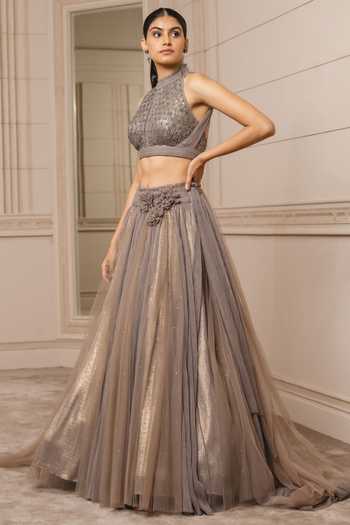Buy Tarun Tahiliani Grey Crinkle Tulle Draped Lehenga With Embroidered ...
