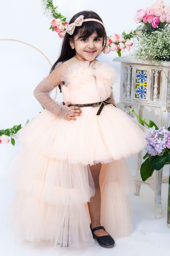 Buy Fayon Kids Peach Layered Gown With Cape For Girls Online | Aza Fashions