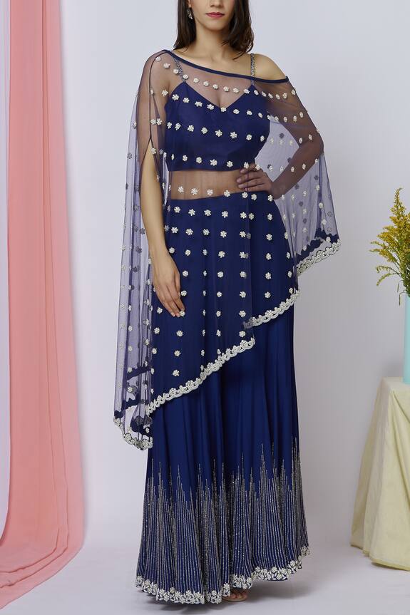 Buy Ariyana Couture Blue Net Embroidered Cape Palazzo Set Online | Aza ...