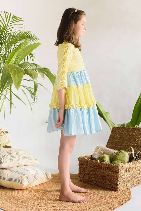 Buy Littleens Blue Colorblock Tiered Dress For Girls Online | Aza Fashions