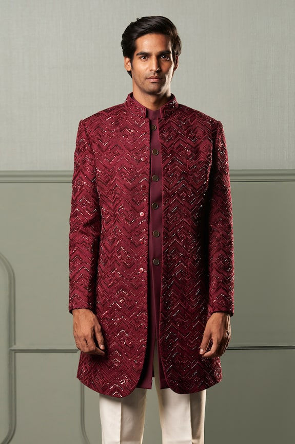 Buy Qbik Maroon Silk Embroidered Sherwani Set Online | Aza Fashions