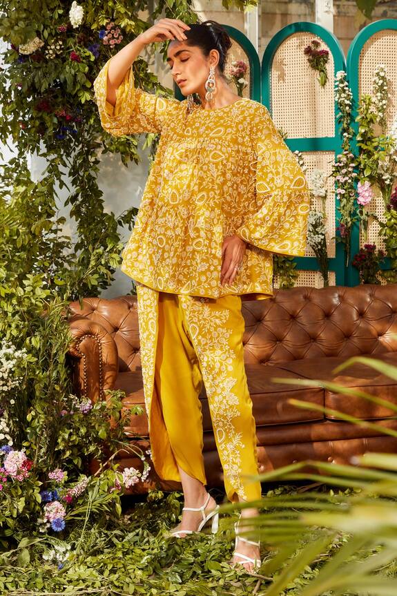 Buy Rococo Yellow Georgette Ira Embroidered Tunic And Dhoti Pant Set ...
