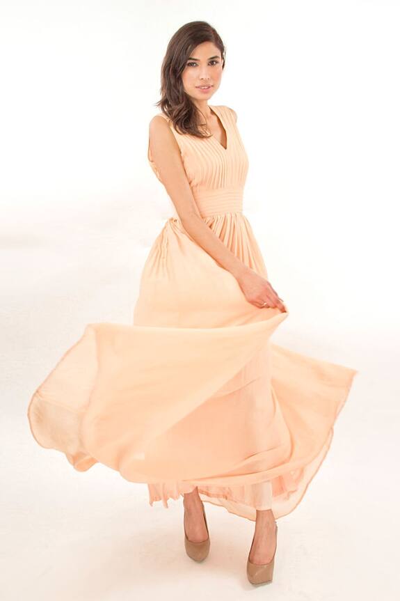 Buy Jasmine Bains Beige Cupro Georgette Pintuck Gown Online | Aza Fashions