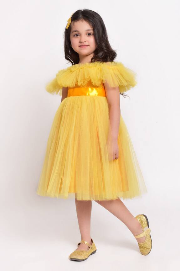 Buy Jelly Jones Yellow Cold Shoulder Net Dress For Girls Online | Aza ...