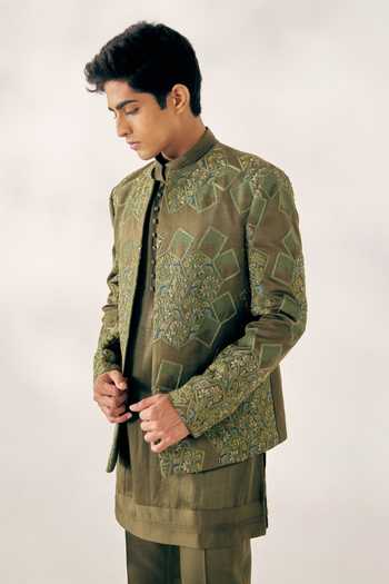 Buy Jatin Malik Green Linen Silk Embroidered Jacket And Pant Set Online ...