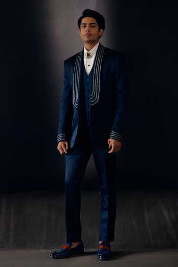 Buy Jatin Malik Blue Linen Silk Tuxedo Pant Set Online | Aza Fashions