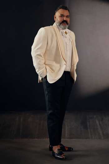 Buy Jatin Malik Cream Terry Rayon Double Lapel Collar Tuxedo Pant Set ...