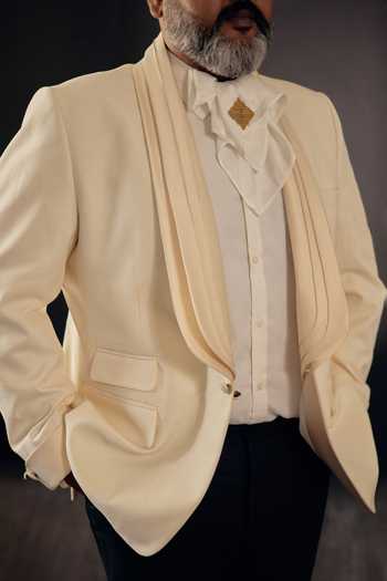 Buy Jatin Malik Cream Terry Rayon Double Lapel Collar Tuxedo Pant Set ...