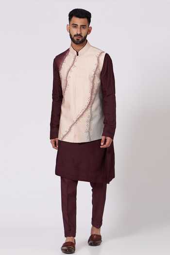 Buy Jatin Malik Peach Linen Silk Bundi And Pant Set Online | Aza Fashions