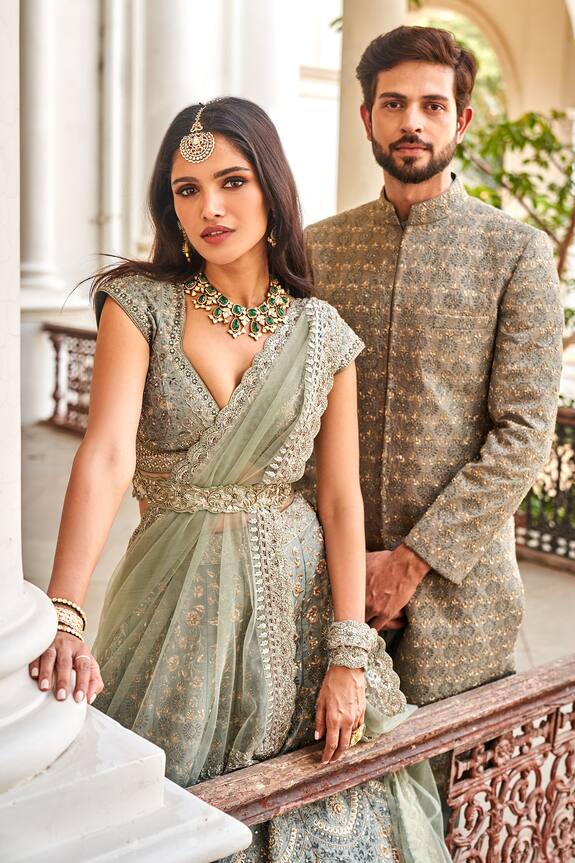 Buy Jayanti Reddy Green Raw Silk Crescent Embroidered Lehenga Set ...