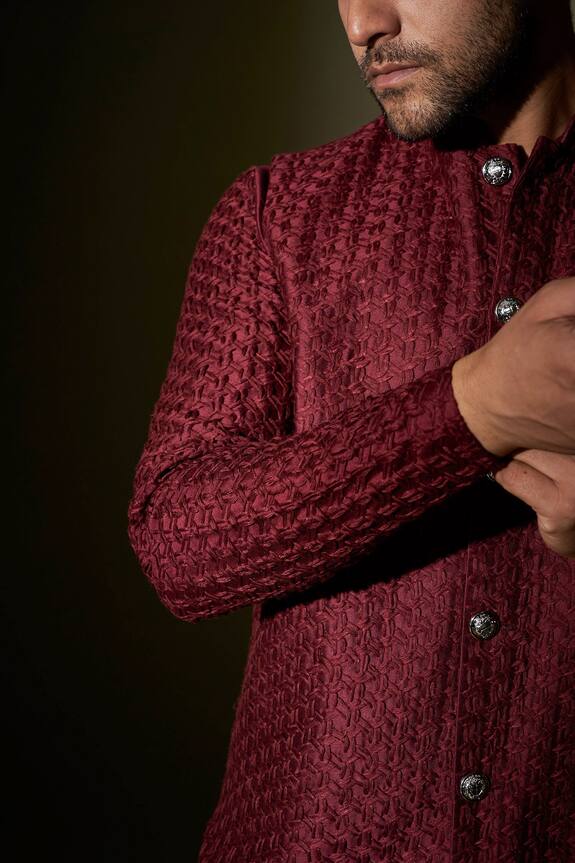 Buy Kaaj Button Maroon Satin Embroidered Bundi And Kurta Set Online ...