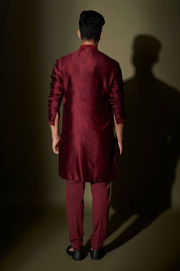 Buy Kaaj Button Maroon Satin Chanderi Silk Embroidered Kurta Set Online ...