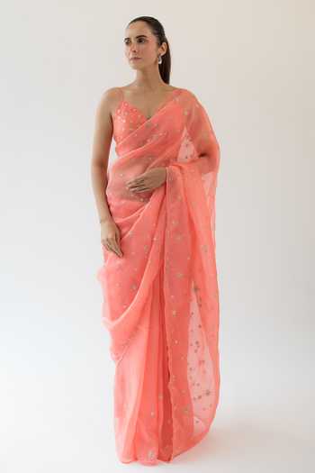 Buy Kapardara Coral Pure Silk Organza Star Embroidered Saree Online ...