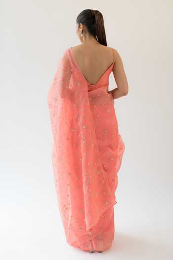 Buy Kapardara Coral Pure Silk Organza Star Embroidered Saree Online ...