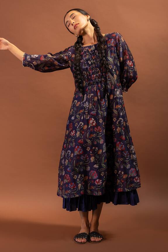 Buy Khamaj India Blue Chanderi Kefi Floral Print Smocked Dress Online ...