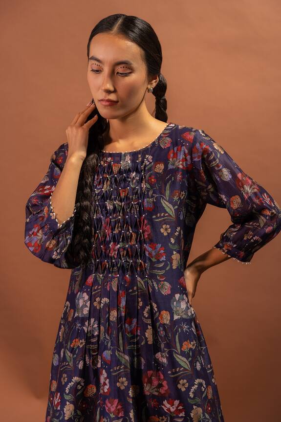 Buy Khamaj India Blue Chanderi Kefi Floral Print Smocked Dress Online ...