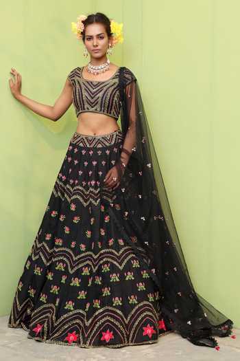 Buy Keerthi Kadire Black Silk Embroidered Lehenga Set Online | Aza Fashions