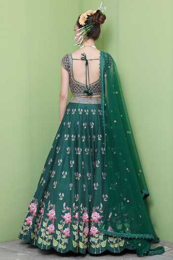 Buy Keerthi Kadire Green Silk Embroidered Lehenga Set Online | Aza Fashions