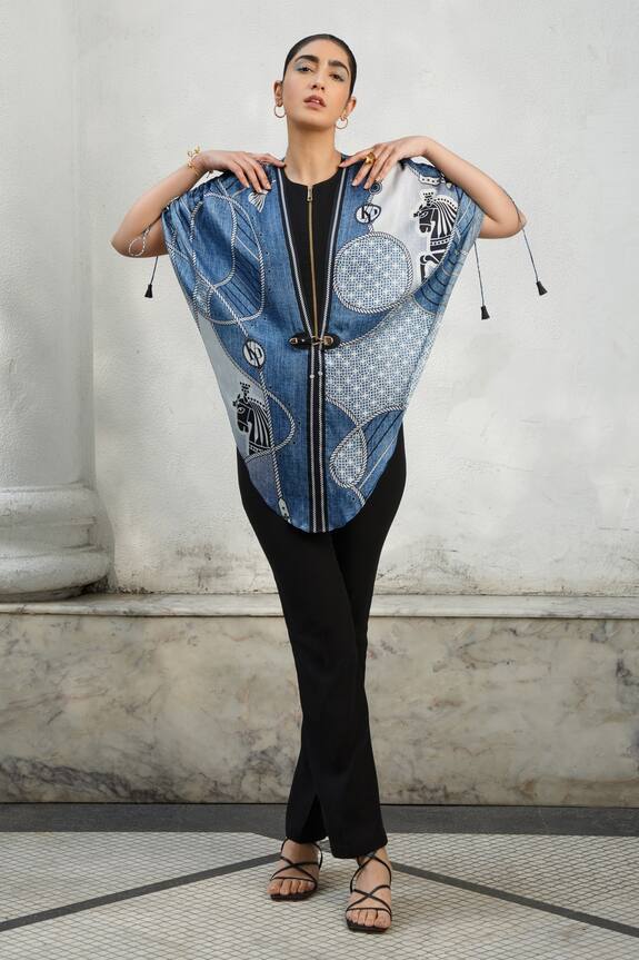 Buy Kamaali Pret Blue Bamberg Satin Pull Up Cape Online | Aza Fashions