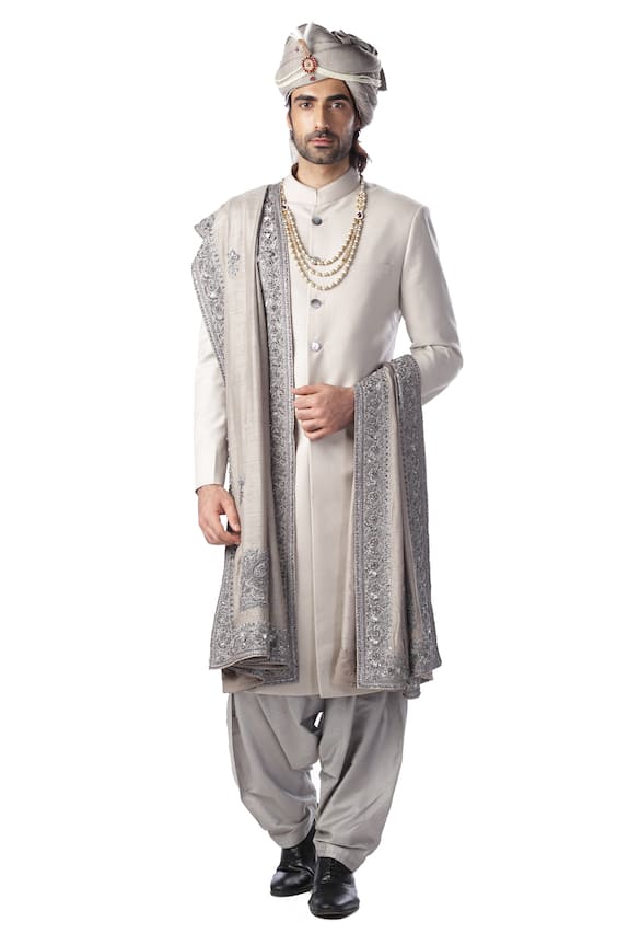 Buy Kommal Sood Grey Cotton Silk Straight Sherwani And Patiala Set ...