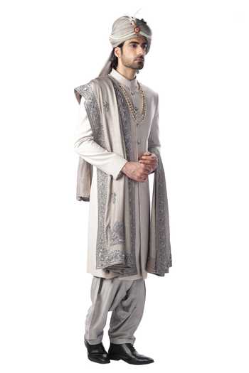 Buy Kommal Sood Grey Cotton Silk Straight Sherwani And Patiala Set ...