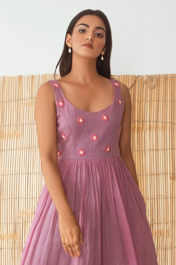 Buy Taro Purple Mulmul Embroidered Dress Online | Aza Fashions