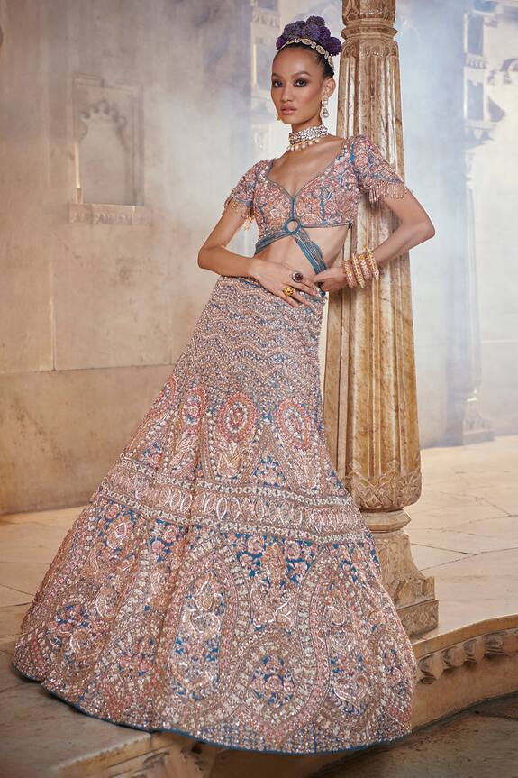 Buy Bindani by Jigar & Nikita Blue Floral Embroidered Blouse And ...