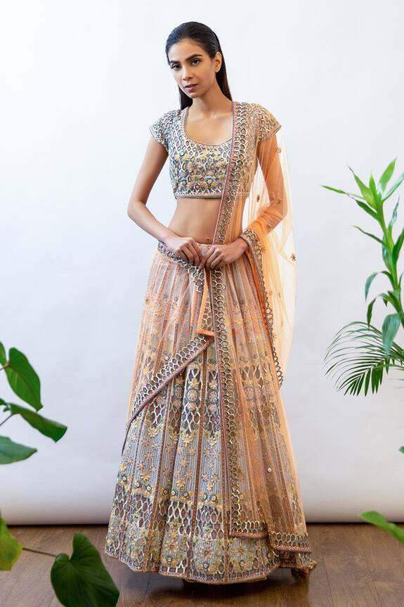 Buy Labbada Blue Embroidered Silk Lehenga Set Online | Aza Fashions