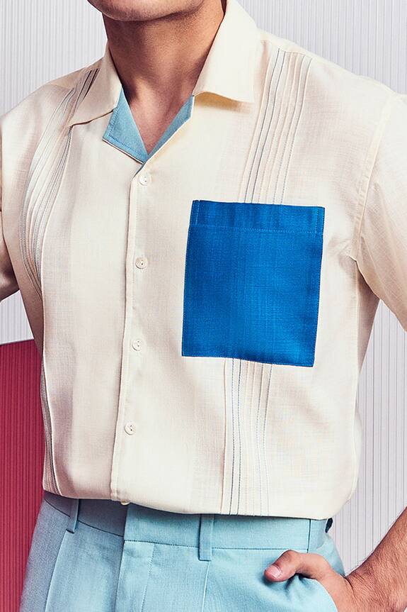 Buy Line out line Beige Cotton Poly Blend Pintuck Shirt Online | Aza ...