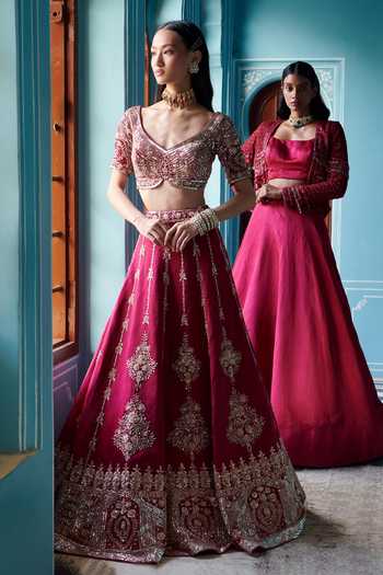 Buy Bindani by Jigar & Nikita Purple Raw Silk Floral Embroidered Blouse ...