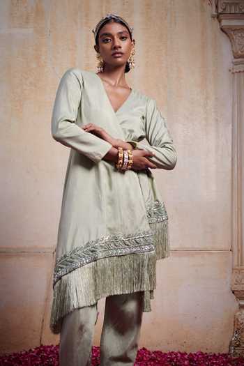 Buy Bindani by Jigar & Nikita Green Habutai Silk Overlap Kurta And ...