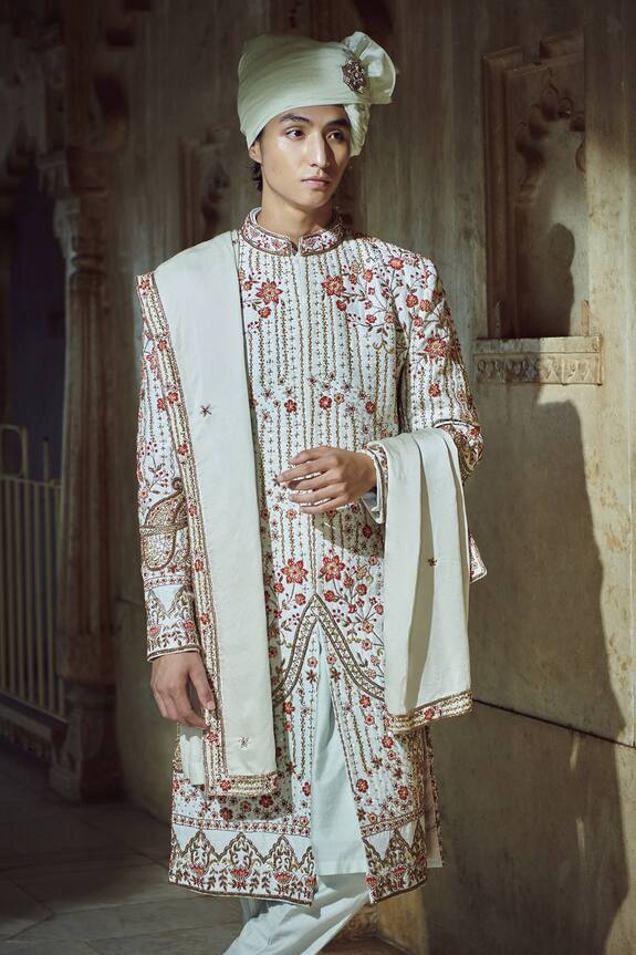 Buy Bindani by Jigar & Nikita Green Linen Satin Floral Embroidered ...