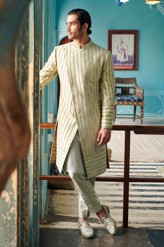Buy Bindani by Jigar & Nikita Green Raw Silk Linen Satin Linear ...