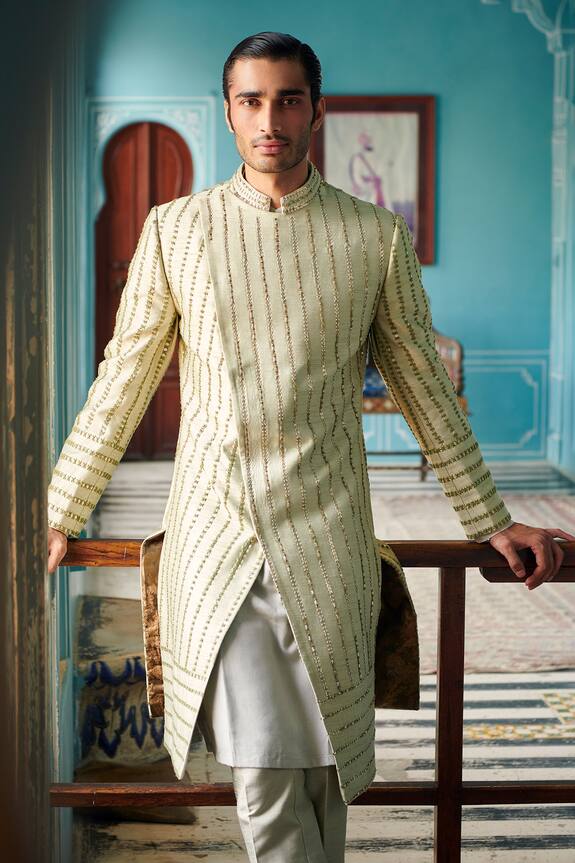 Buy Bindani by Jigar & Nikita Green Raw Silk Linen Satin Linear ...