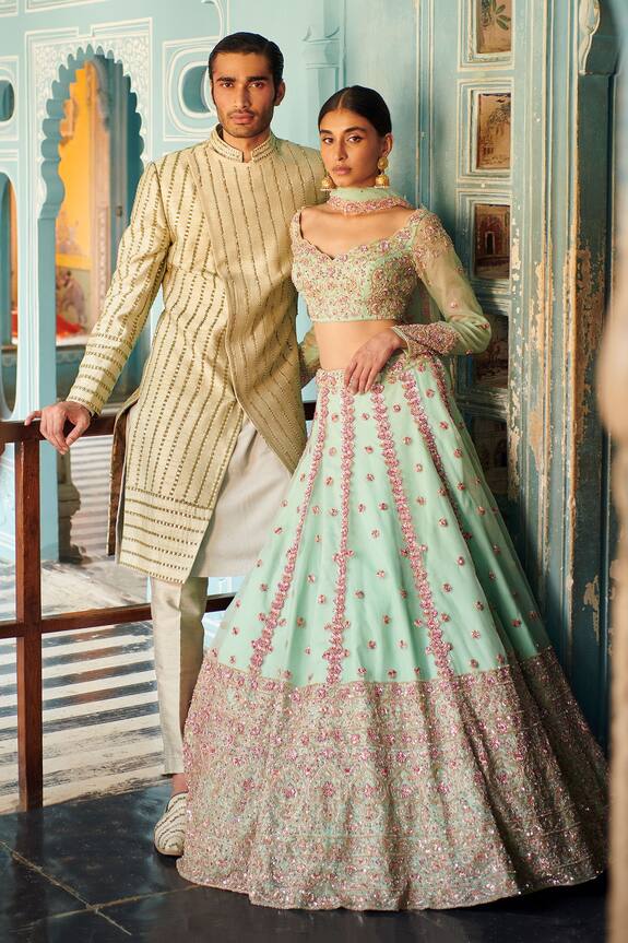 Buy Bindani by Jigar & Nikita Green Raw Silk Linen Satin Linear ...