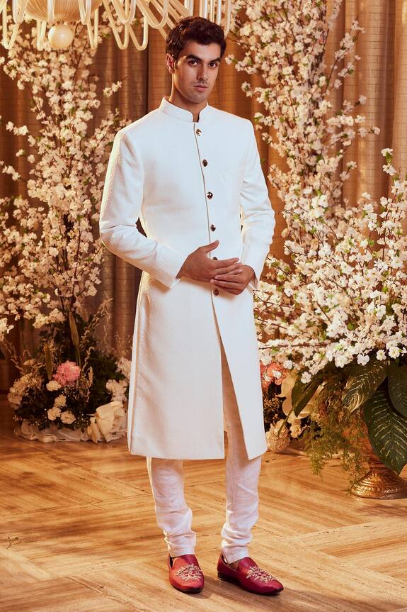 Buy Bindani by Jigar & Nikita White Textured Sherwani And Churidar Set ...