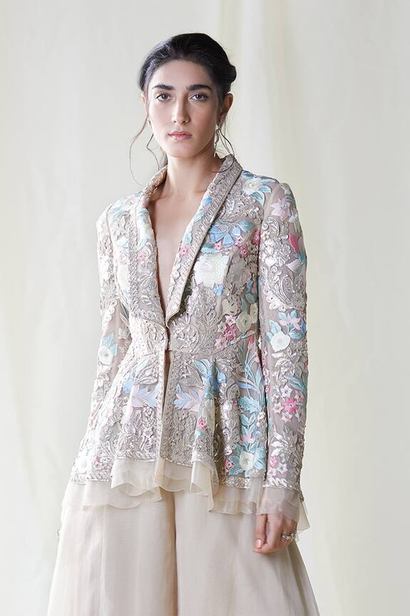 Buy Pankaj And Nidhi Beige Tulle Embroidered Jacket And Pant Set Online