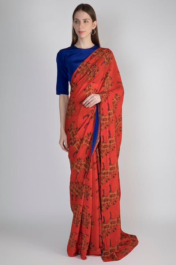 Buy Masaba Blue Crepe Saree With Unstitched Blouse Fabric Online | Aza ...