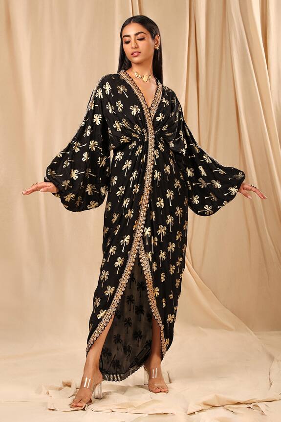 Buy Masaba Black Crepe Coco Print Kaftan Online | Aza Fashions