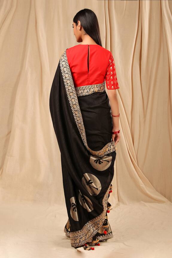 Buy Masaba Black Raw Silk Coco Print Saree Online | Aza Fashions
