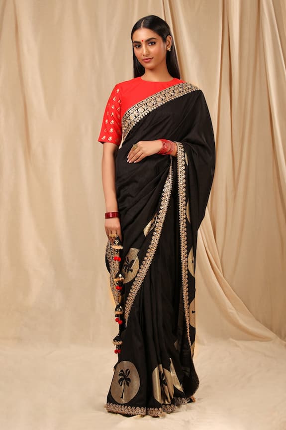 Buy Masaba Black Raw Silk Coco Print Saree Online | Aza Fashions