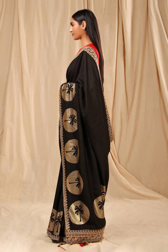 Buy Masaba Black Raw Silk Coco Print Saree Online | Aza Fashions