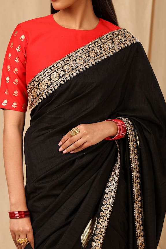 Buy Masaba Black Raw Silk Coco Print Saree Online | Aza Fashions