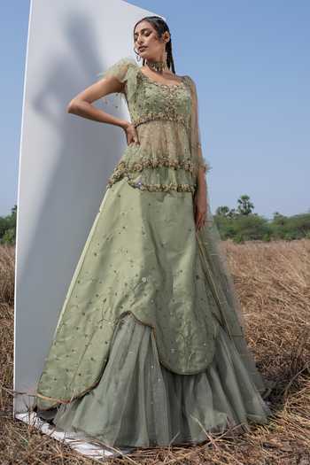Buy Merge Design Green Net Embroidered Peplum Lehenga Set Online | Aza ...