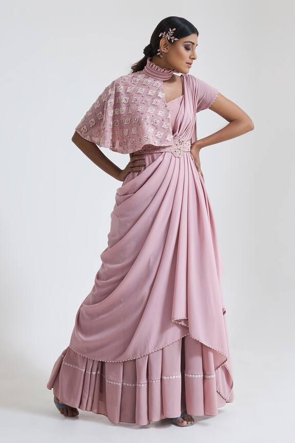 Buy Merge Design Pink Georgette Blend Saree Gown With One Sided Cape ...