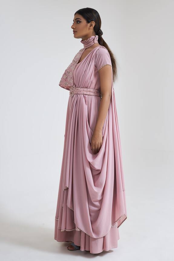 Buy Merge Design Pink Georgette Blend Saree Gown With One Sided Cape ...