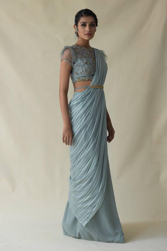 Buy Merge Design Blue Net Pre-draped Saree With Blouse Online | Aza ...