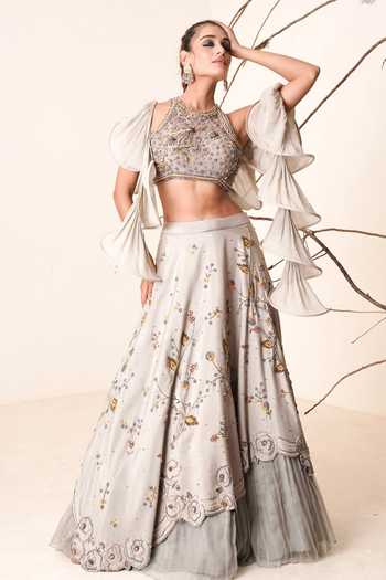Buy Merge Design Grey Net Floral Embroidered Lehenga Set Online | Aza ...